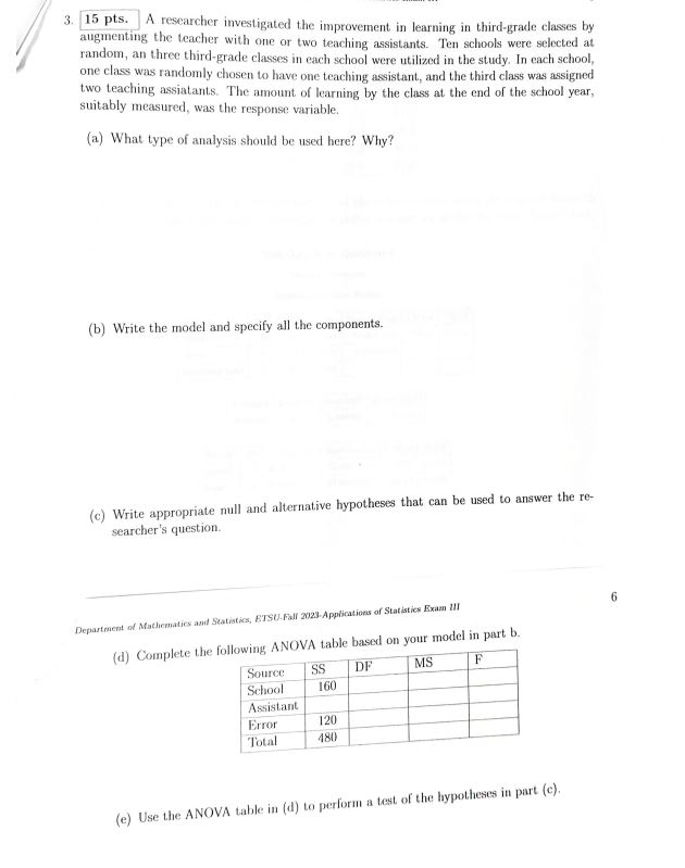 Solved 3. 15 pts. A researcher investigated the improvement | Chegg.com