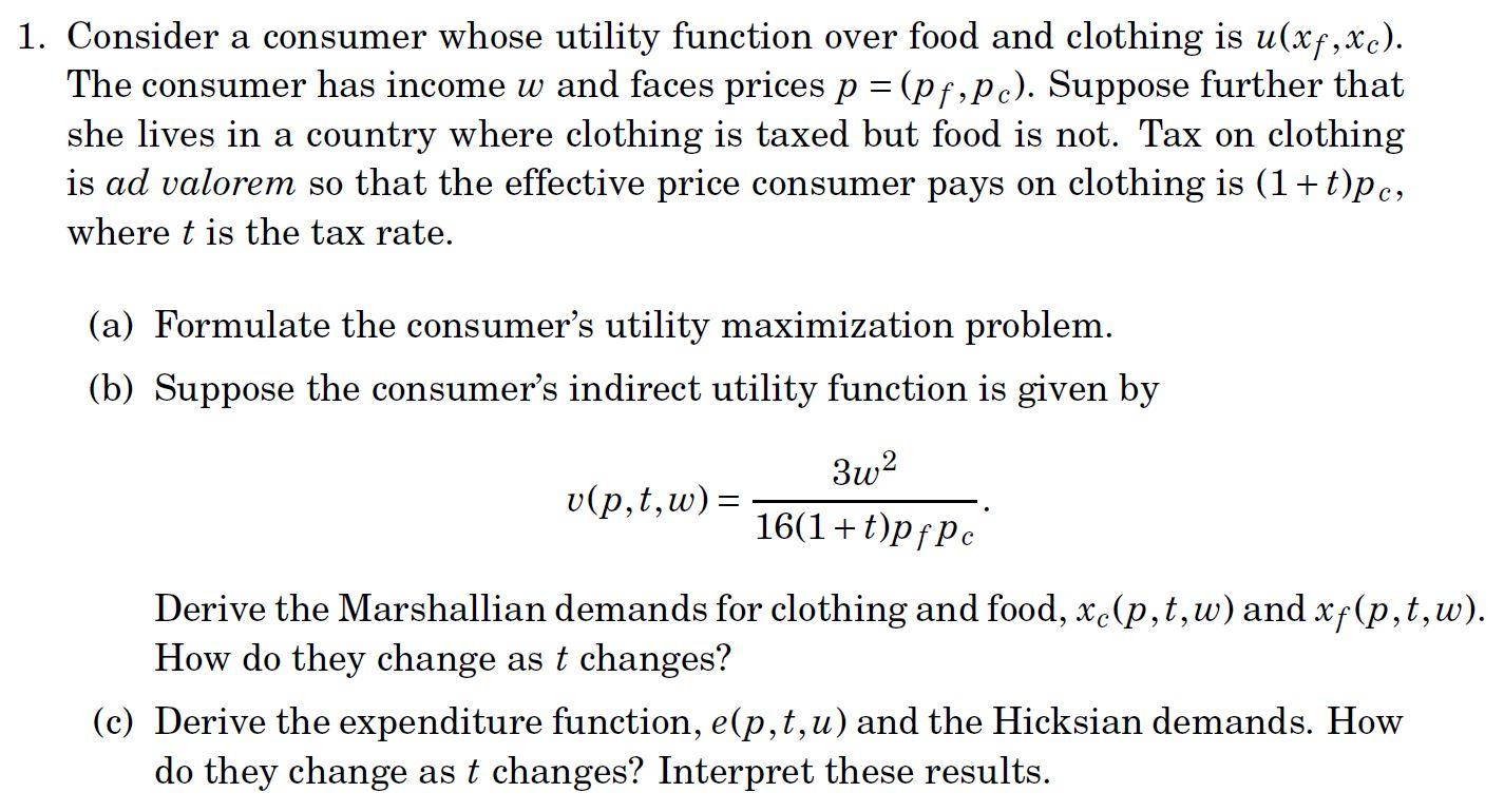 Consider a consumer whose utility function over food | Chegg.com