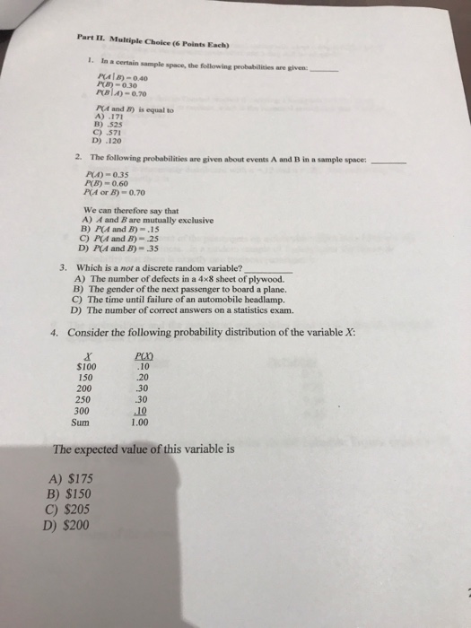 Solved Part II. Multiple Choice (6 Points Each) 1. a certain | Chegg.com
