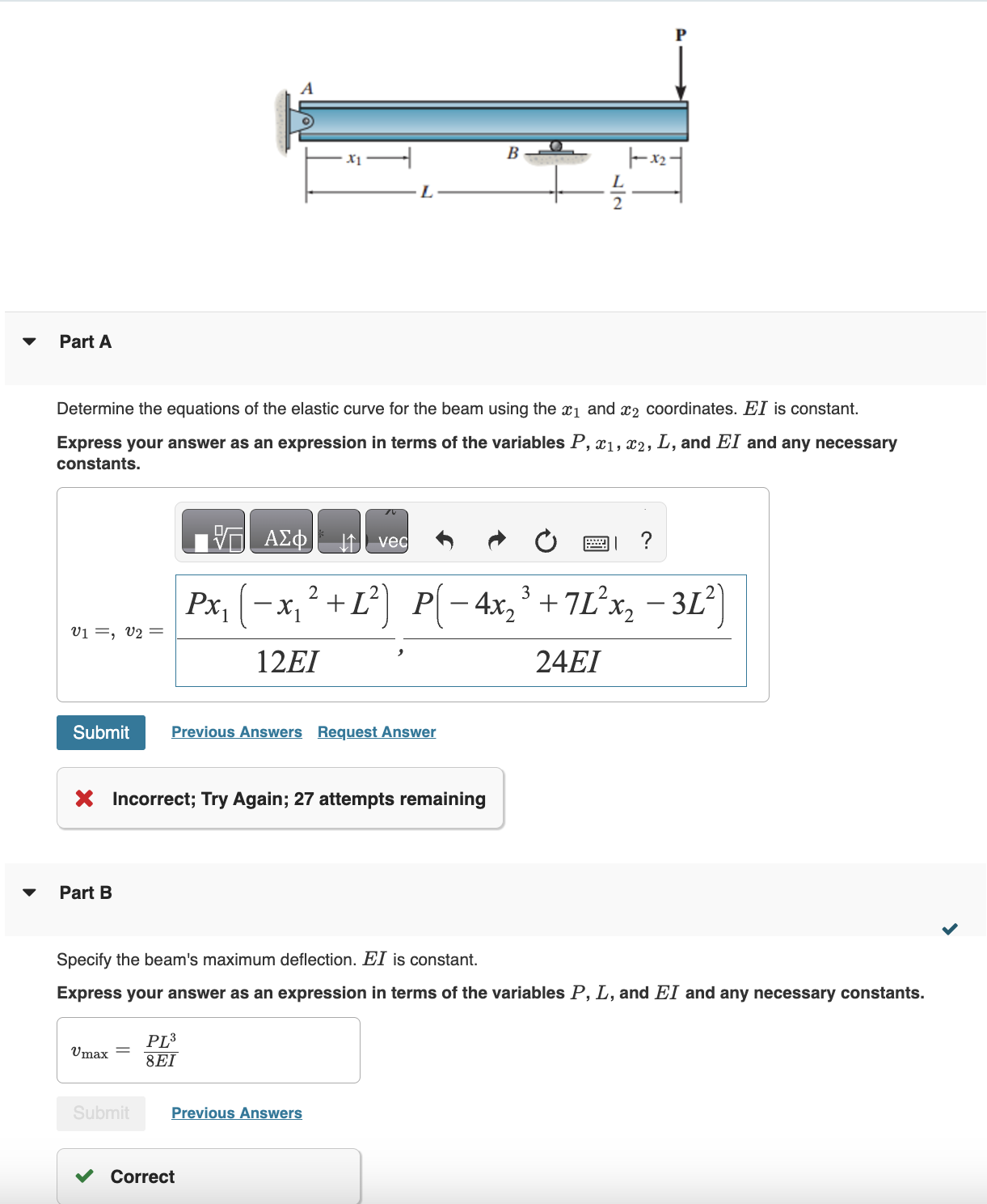 Solved Part ADetermine the equations of ﻿the elastic curve | Chegg.com