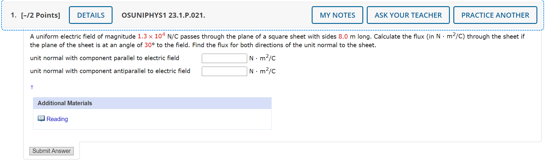Solved A uniform electric field of magnitude 1.3×104 N/C | Chegg.com