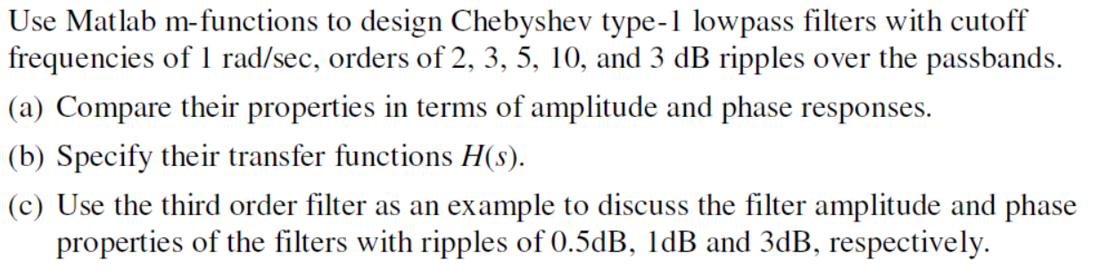 Solved Use Matlab m-functions to design Chebyshev type-1 | Chegg.com