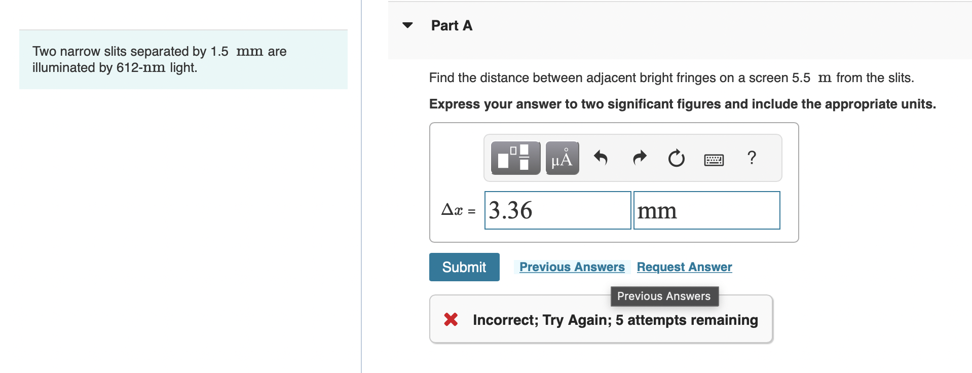Solved Two narrow slits separated by 1.5 mm are illuminated | Chegg.com