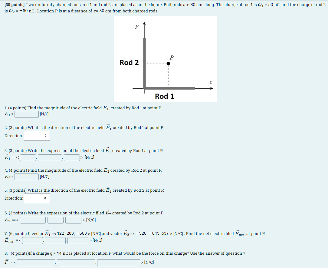 [ 30 points] Two uniformly charged rods, rod 1 and | Chegg.com