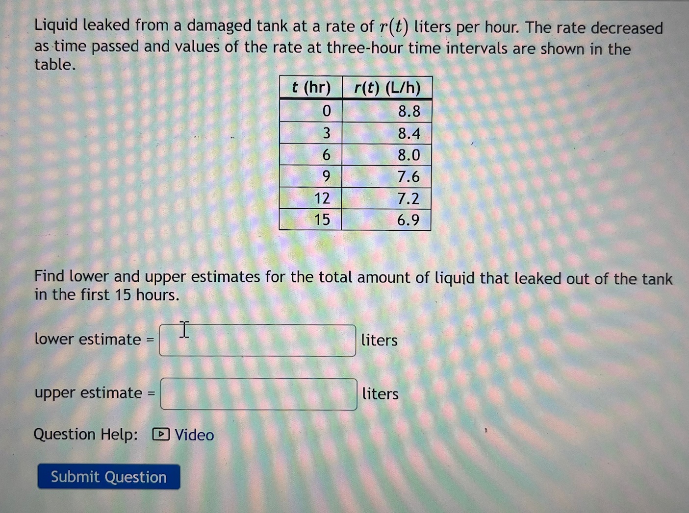Solved Liquid leaked from a damaged tank at a rate of r(t) | Chegg.com