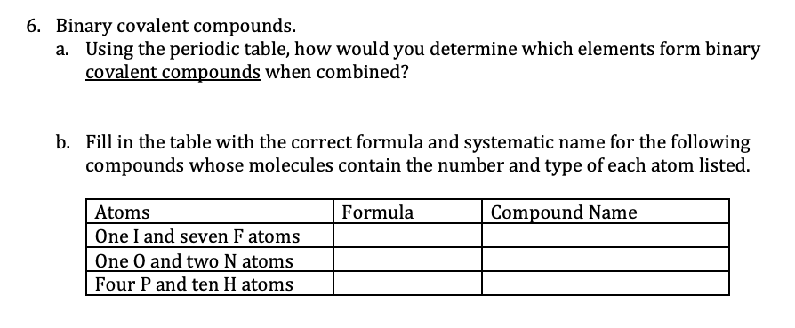 Solved 6. Binary covalent compounds. a. Using the periodic | Chegg.com