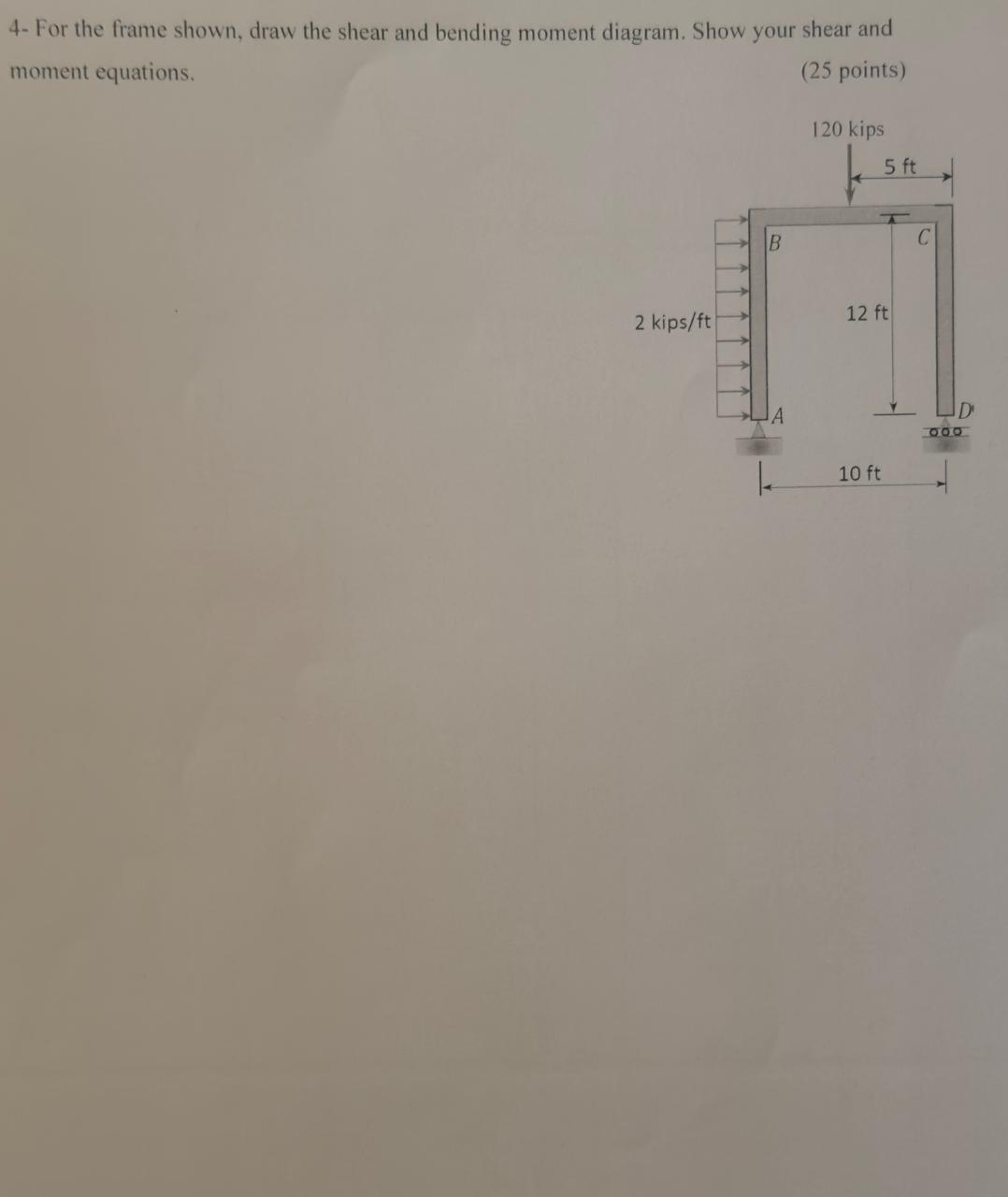 Solved 4- ﻿For the frame shown, draw the shear and bending | Chegg.com