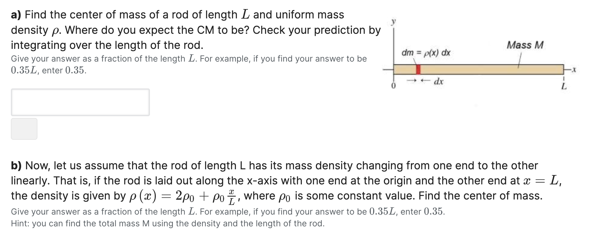 Solved a) Find the center of mass of a rod of length L and | Chegg.com