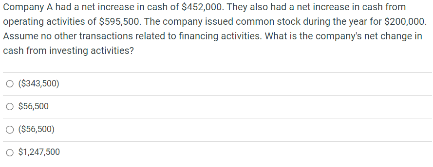 Solved Company A had a net increase in cash of $452,000. | Chegg.com