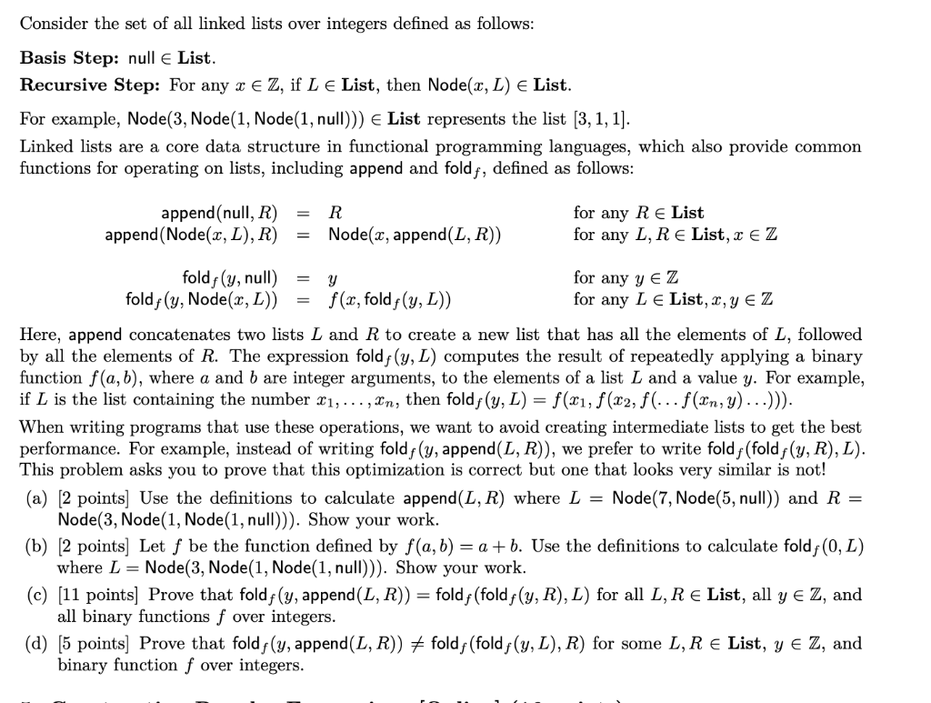 Solved Consider the set of all linked lists over integers | Chegg.com