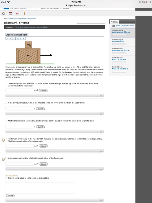 iPad令 2:35 PM Homework: Friction Accelerating Blocks | Chegg.com