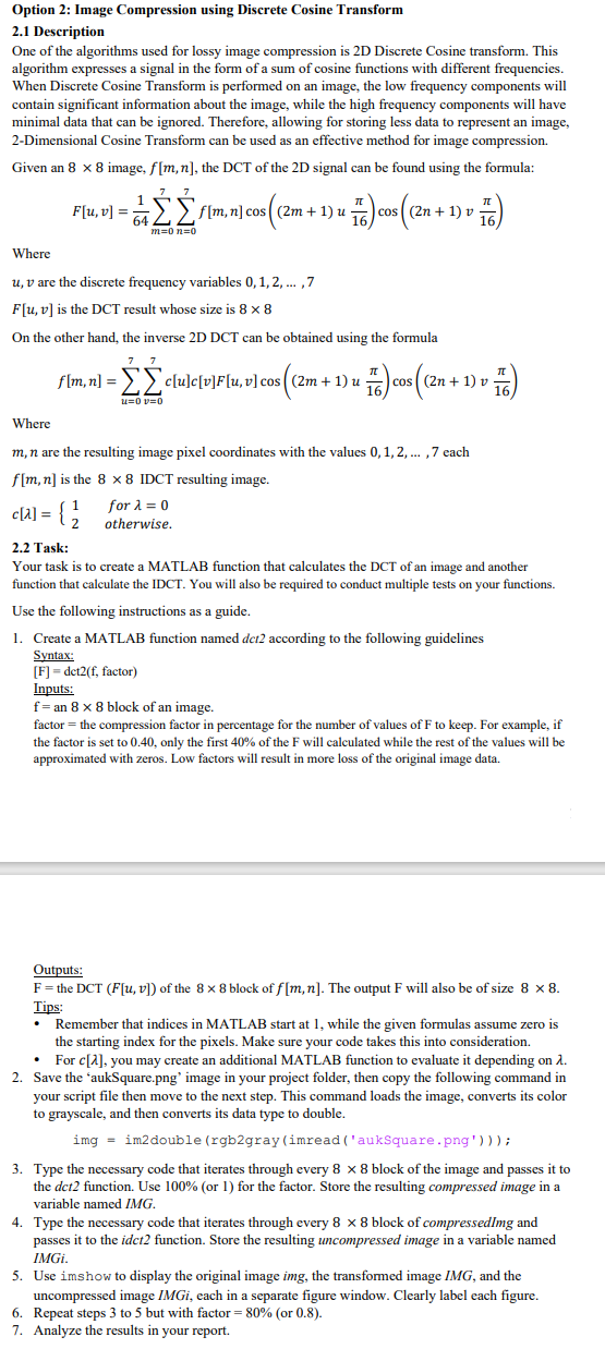 Option 2: Image Compression using Discrete Cosine | Chegg.com