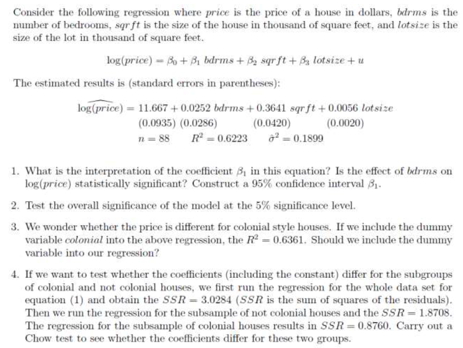 Solved Consider the following regression where price is the | Chegg.com