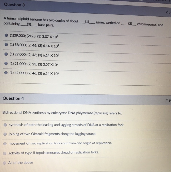 Solved A human diploid genome has two copies of about ___ | Chegg.com