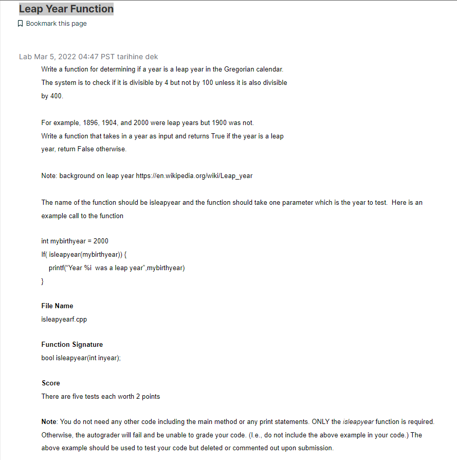 Solved Leap Year Function Bookmark this page Lab Mar 5, 2022 | Chegg.com