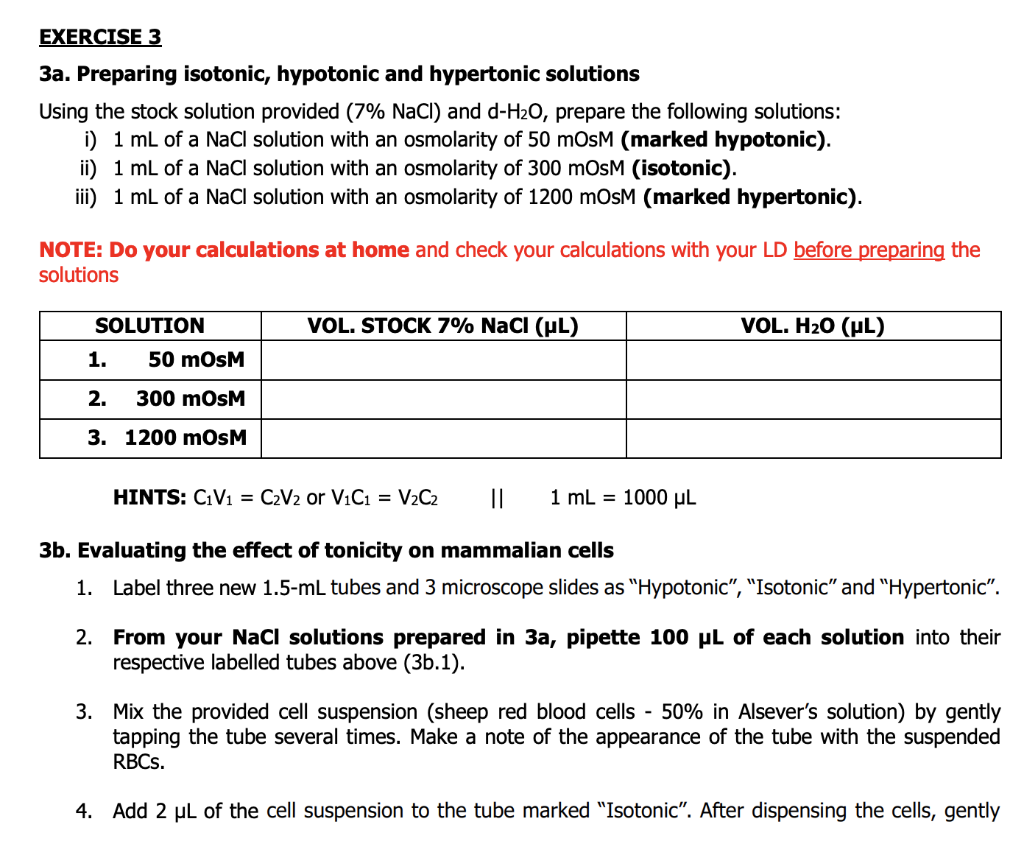 Solved EXERCISE 3 3a. Preparing isotonic, hypotonic and | Chegg.com