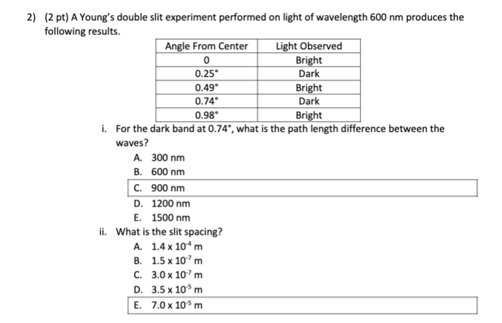 Solved 2) (2 pt) A Young's double slit experiment performed | Chegg.com