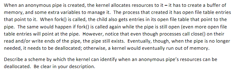 When an anonymous pipe is created, the kernel | Chegg.com