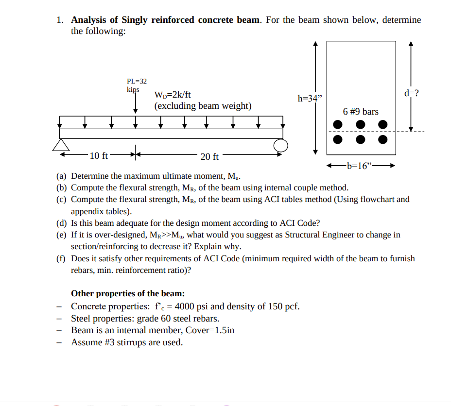 Solved 1. Analysis of Singly reinforced concrete beam. For | Chegg.com
