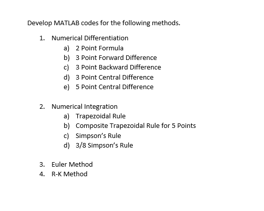 Solved Develop MATLAB codes for the following methods. 1. | Chegg.com