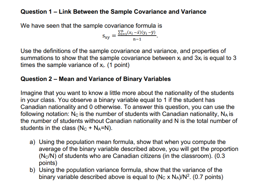Solved Question 1 - Link Between the Sample Covariance and | Chegg.com
