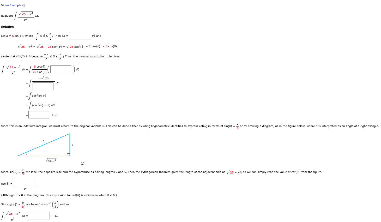 Solved Video Example (1) Evaluate ∫x225−x2dx Solution Let | Chegg.com