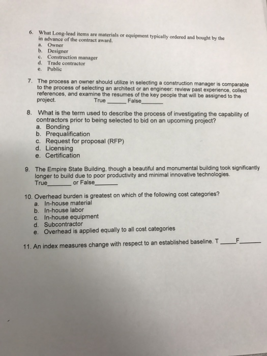 Solved What long-lead items are materials or equipment | Chegg.com