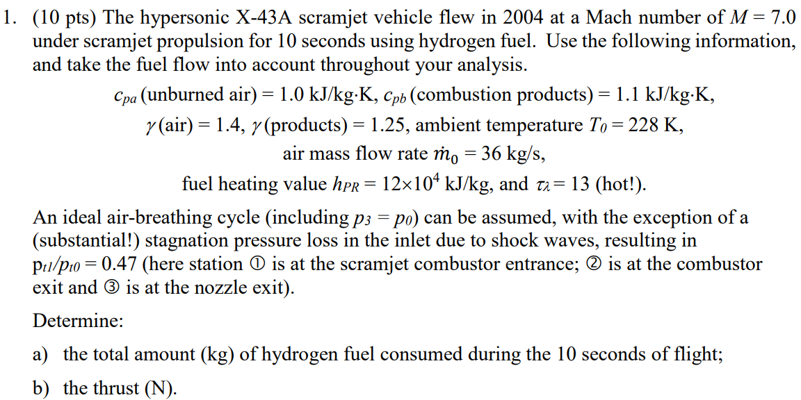 Solved 1. (10 pts) The hypersonic X-43A scramjet vehicle | Chegg.com