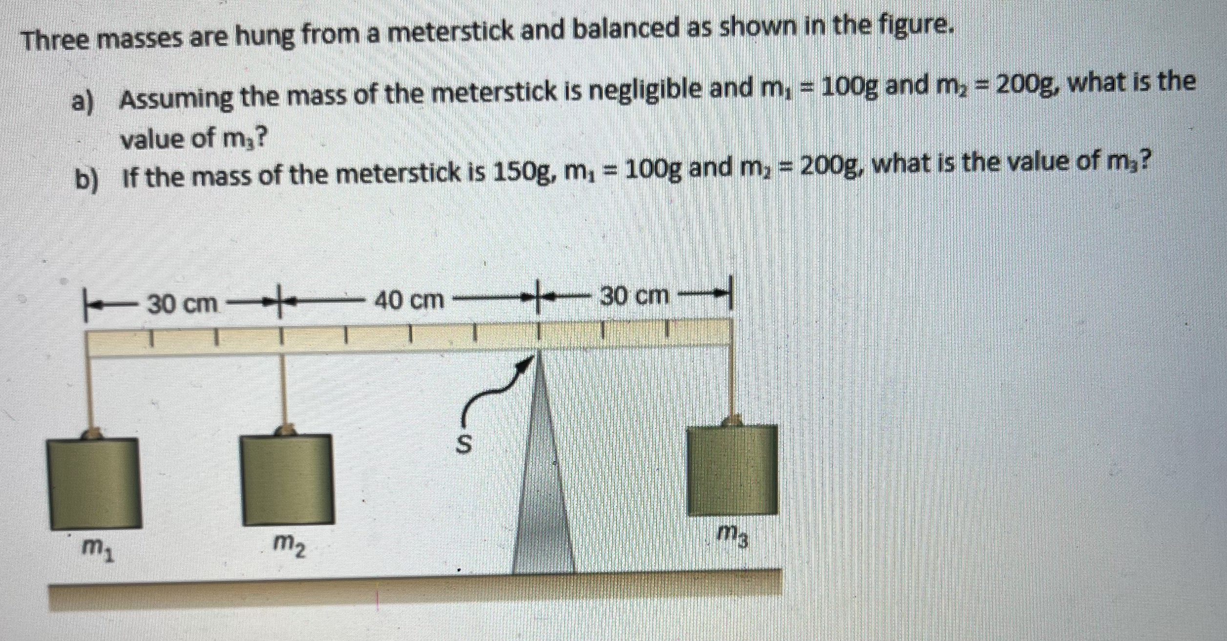 Solved Three masses are hung from a meterstick and balanced | Chegg.com