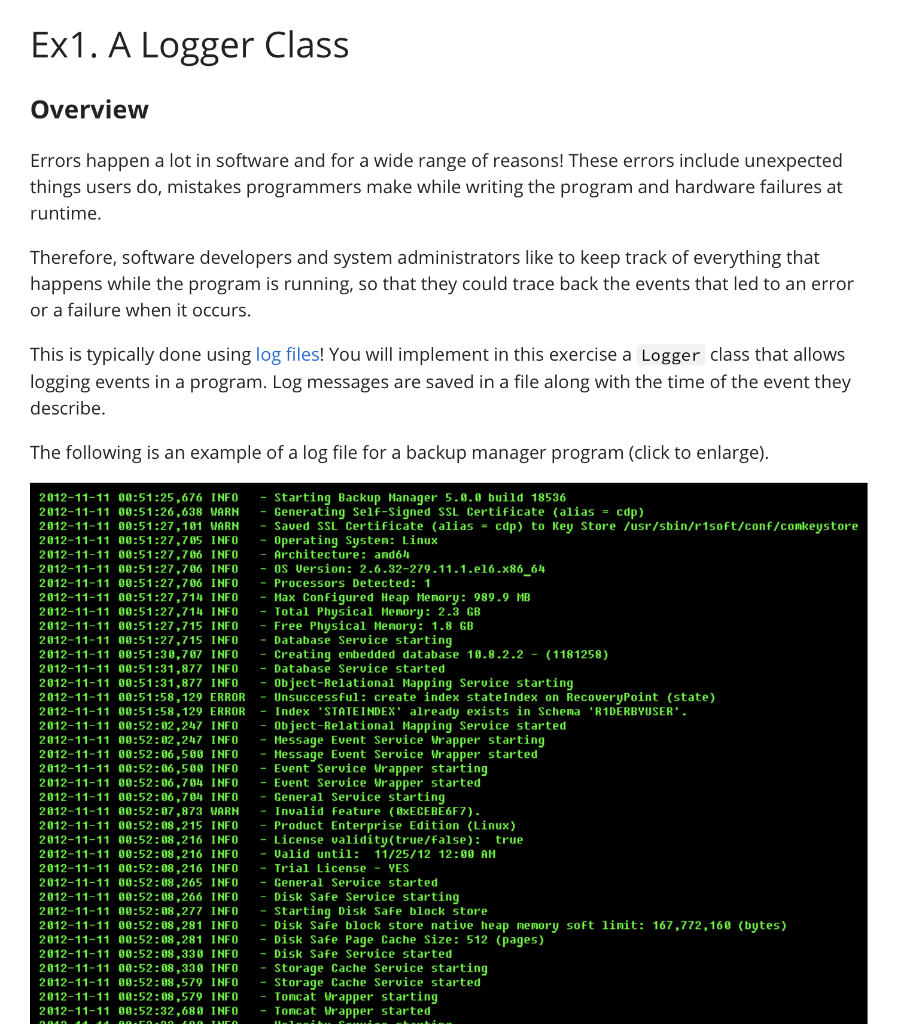 Solved Ex1. A Logger Class Overview Errors happen a lot in | Chegg.com