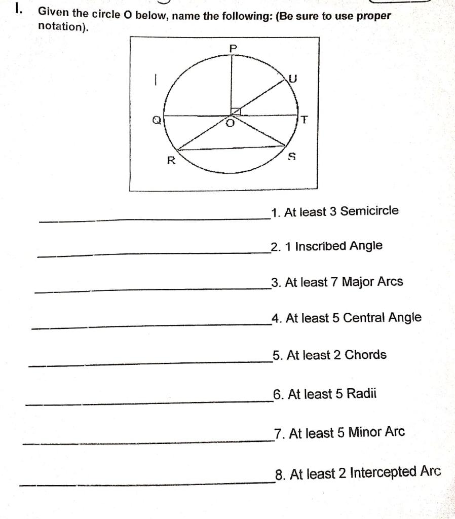 Solved 1. Given the circle o below, name the following: (Be | Chegg.com