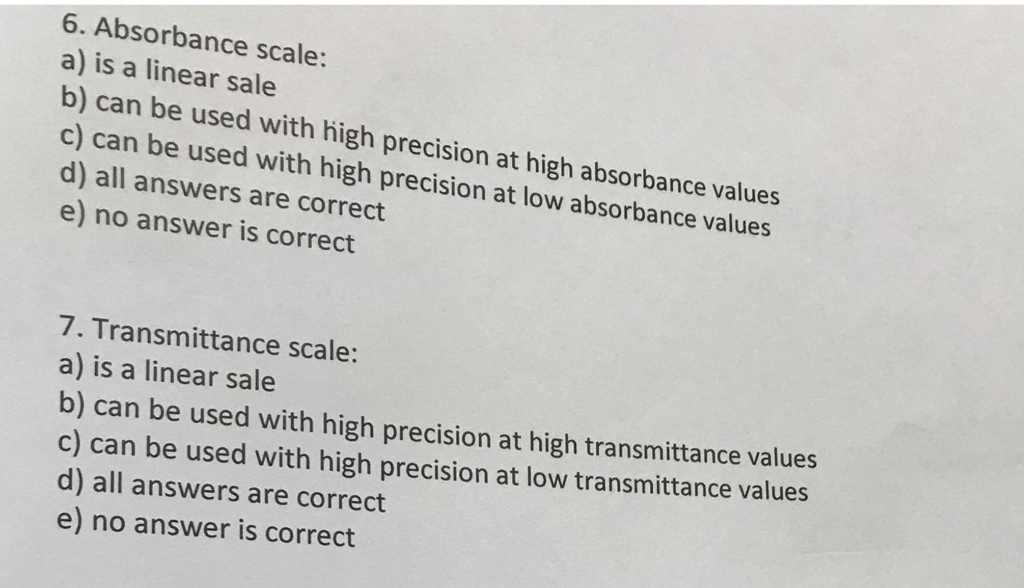 Solved 6. Absorbance scale: a) is a linear sale b) can be | Chegg.com