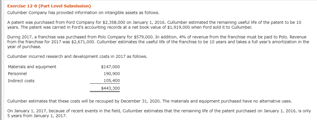 Solved Exercise 12-8 (Part Level Submission) Cullumber | Chegg.com