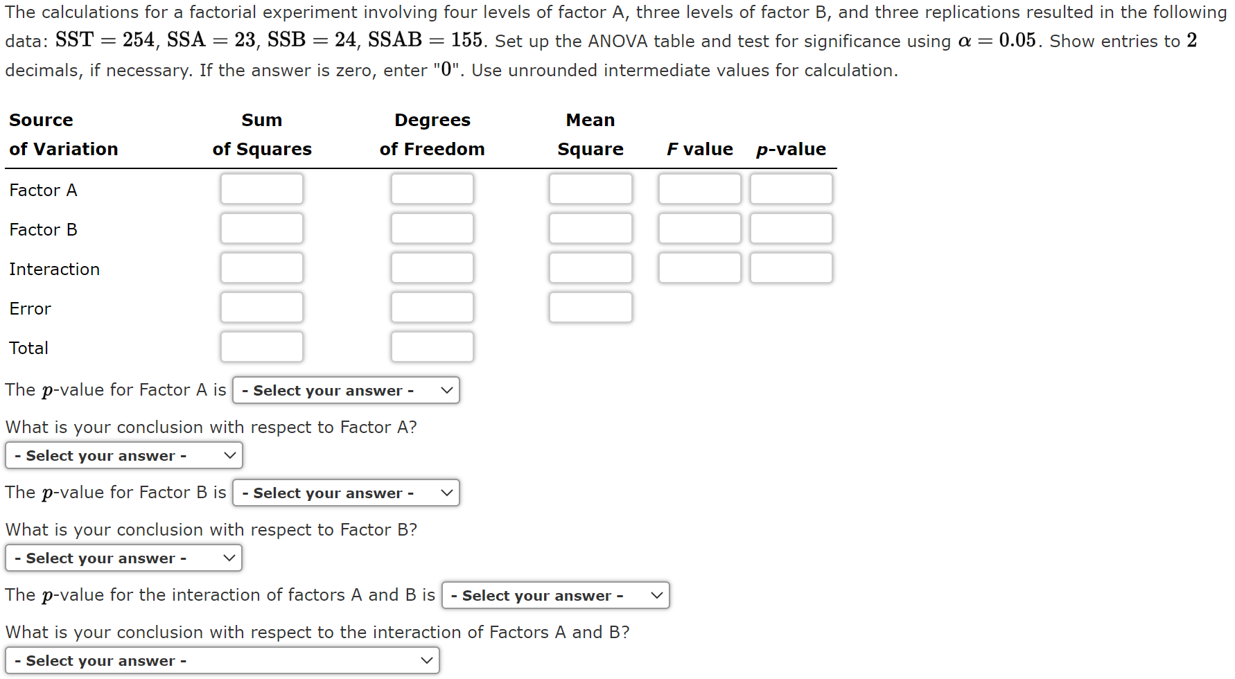 Solved The calculations for a factorial experiment involving | Chegg.com
