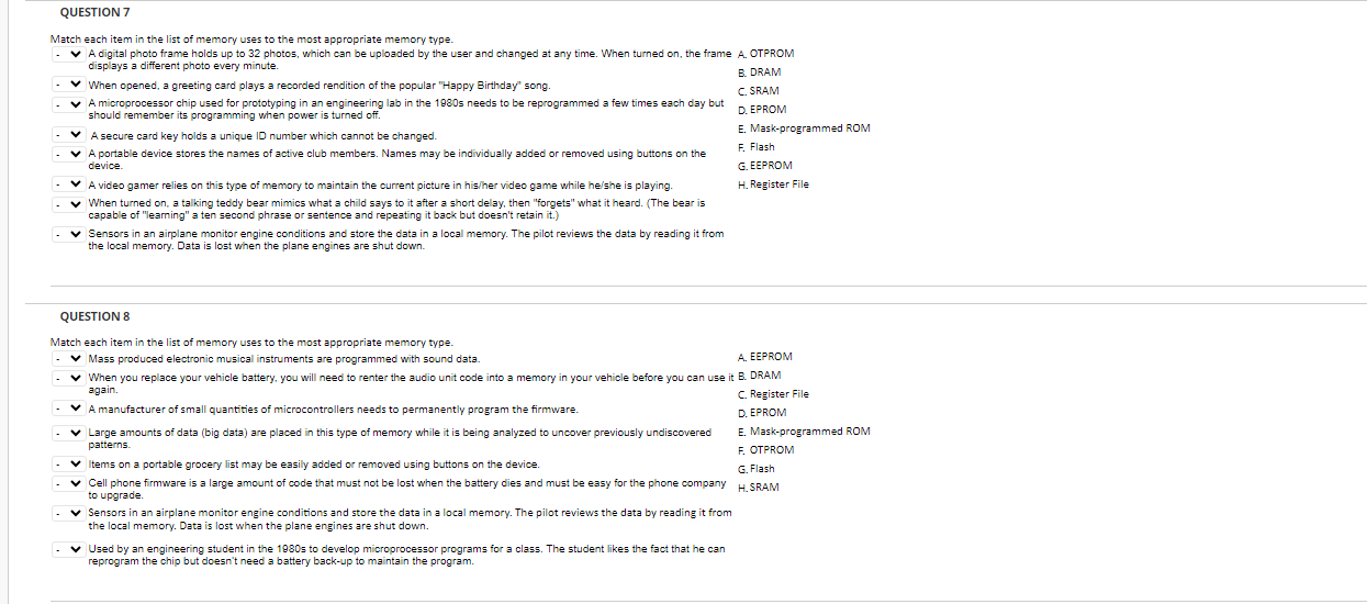 Solved Match each item in the list of memory uses to the | Chegg.com