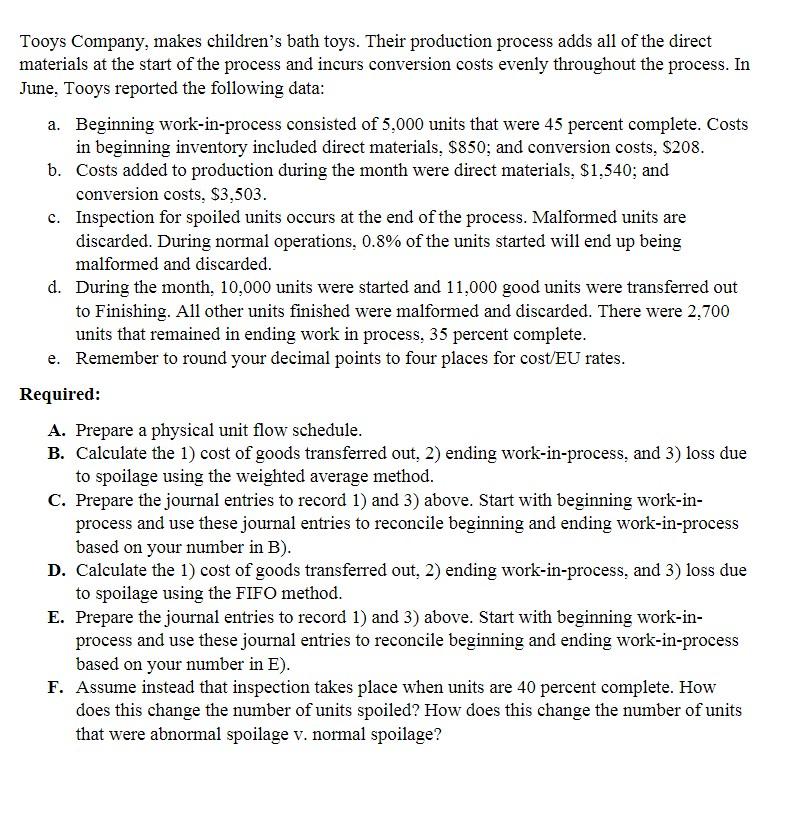 Solved Tooys Company, makes children's bath toys. Their | Chegg.com