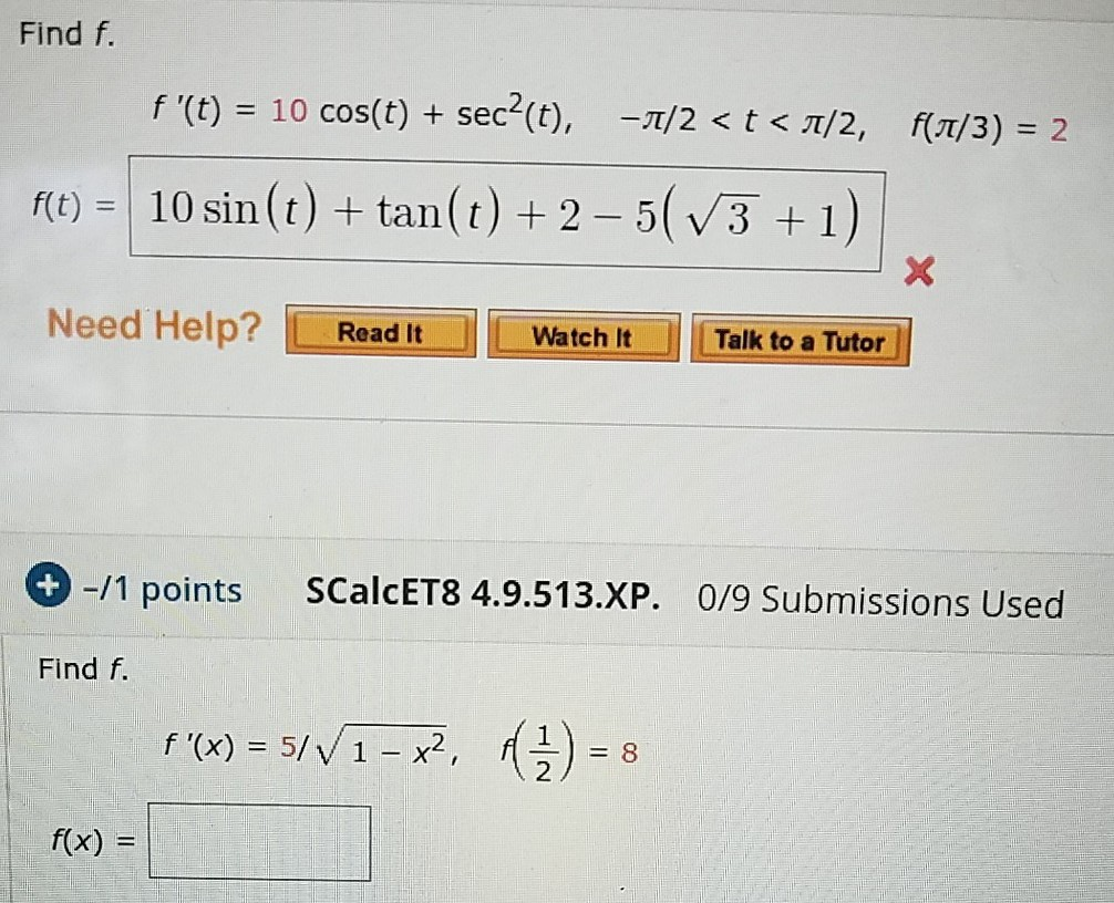 Solved Find f. f'(t) = 10 cos(t) + sec?(t), -A/2 | Chegg.com