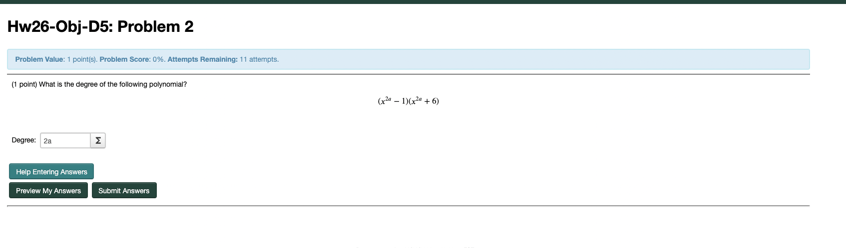 Solved Hw26 Obj D5 Problem 2 Problem Value 1 Points 