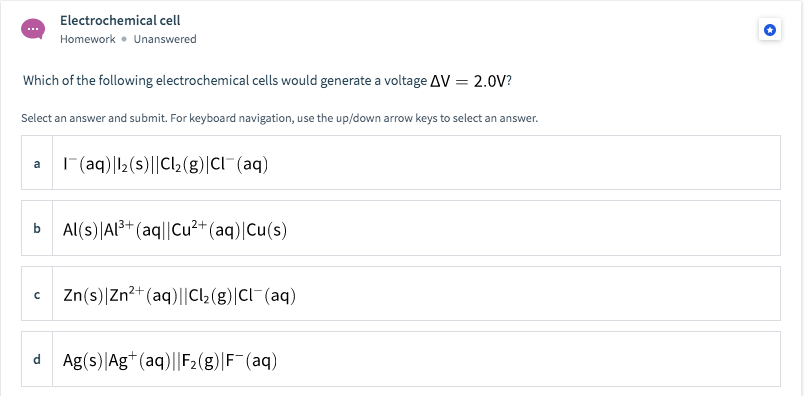 Solved Electrochemical cell Homework. Unanswered Which of | Chegg.com