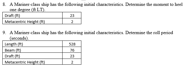 Solved 8. A Mariner-class ship has the following initial | Chegg.com