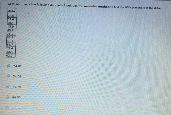 Solved Copy-and-paste the following data into Excel. Use the | Chegg.com