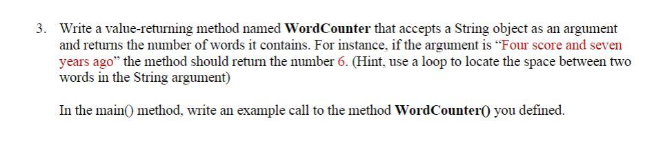 Solved 3. Write a value-returning method named WordCounter | Chegg.com