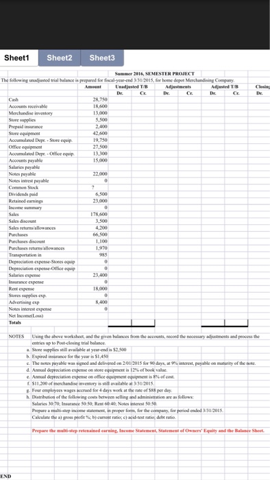 Solved Sheet1 Sheet2 Sheet3 Summer 2016, SEMESTER PROJECT | Chegg.com