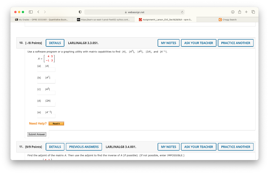 Solved webassign.net + C My Grades - OPRE 3333.501 - | Chegg.com