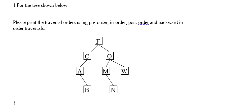 Solved 1 For the tree shown below Please print the traversal | Chegg.com