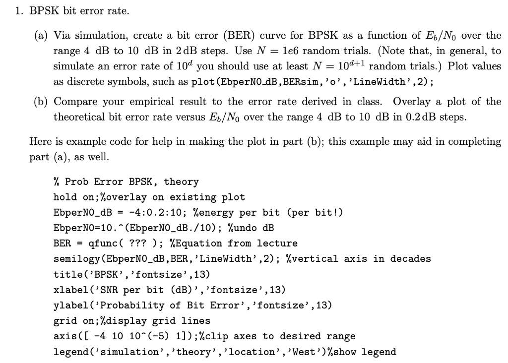 1 Bpsk Bit Error Rate A Via Simulation Create A