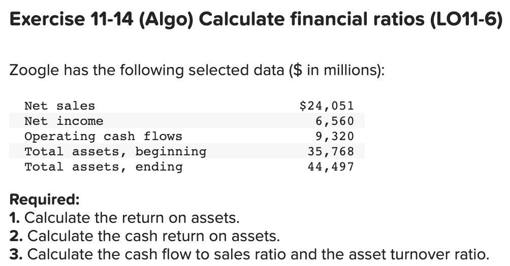 Solved Exercise 11-14 (Algo) Calculate financial ratios | Chegg.com