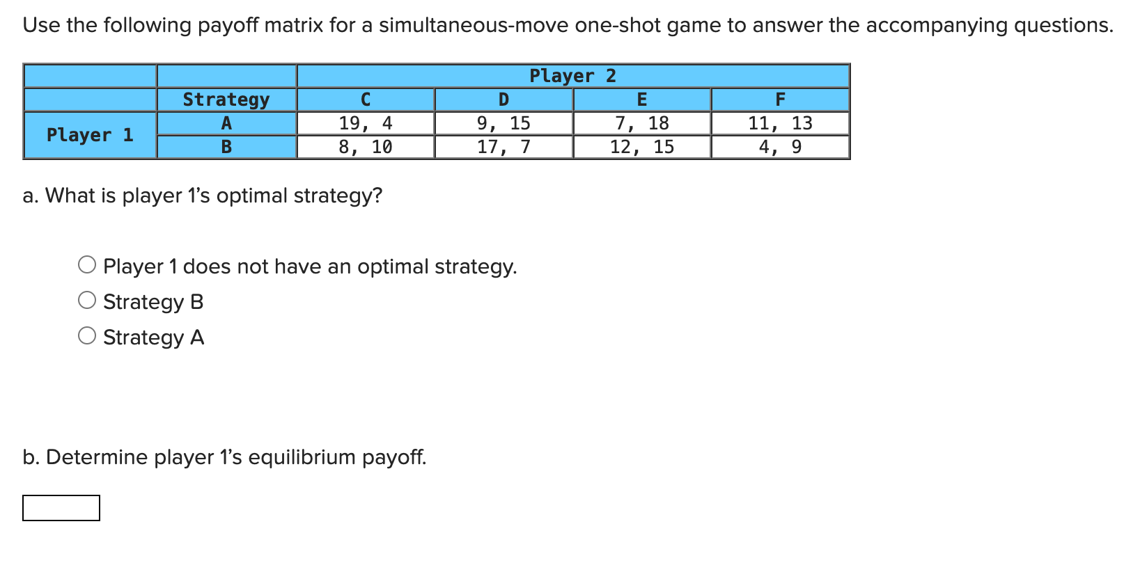 Solved Use the following payoff matrix for a | Chegg.com