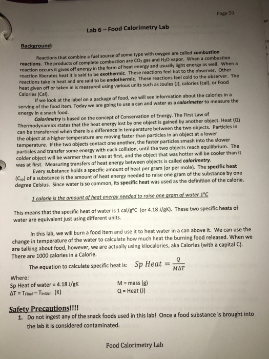 Solved Page 50 Lab 6-Food Calorimetry Lab Reactions that | Chegg.com