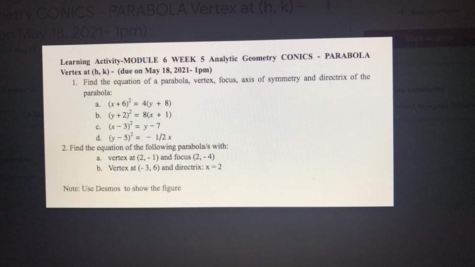 Solved Learning Activity-MODULE 7 WEEK 7 Analytic Geometry | Chegg.com